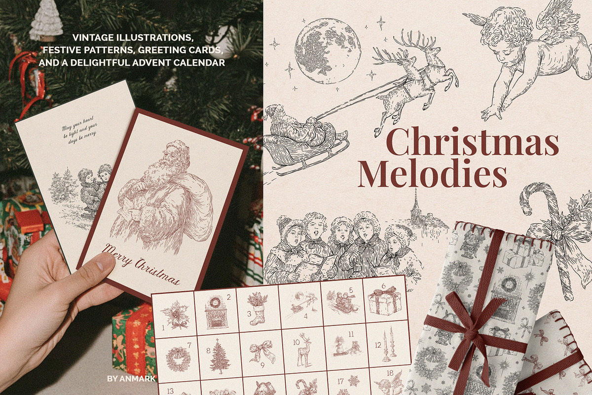 Christmas Melodies Vintage Line Art