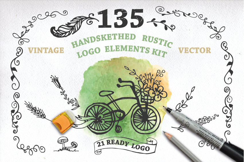 Handsketched rustic logo elements, an Object Illustration by Tatianakost49