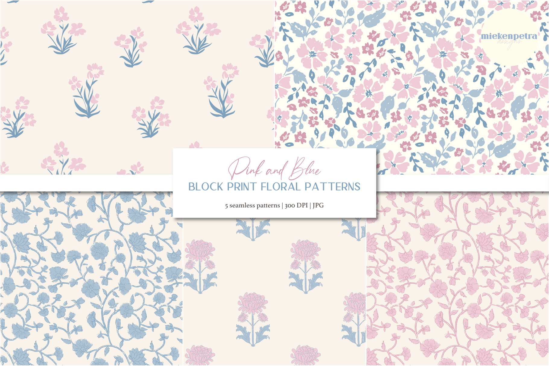 Pink and Blue Block Print Patterns, a Pattern Graphic by Mieken Petra ...