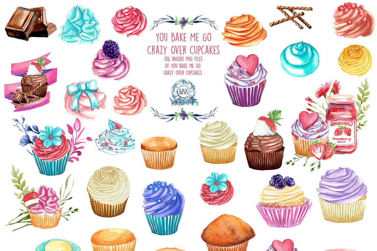 Cupcakes: 106 Watercolor Clipart, a Food Illustration by LilyBoo Clipart