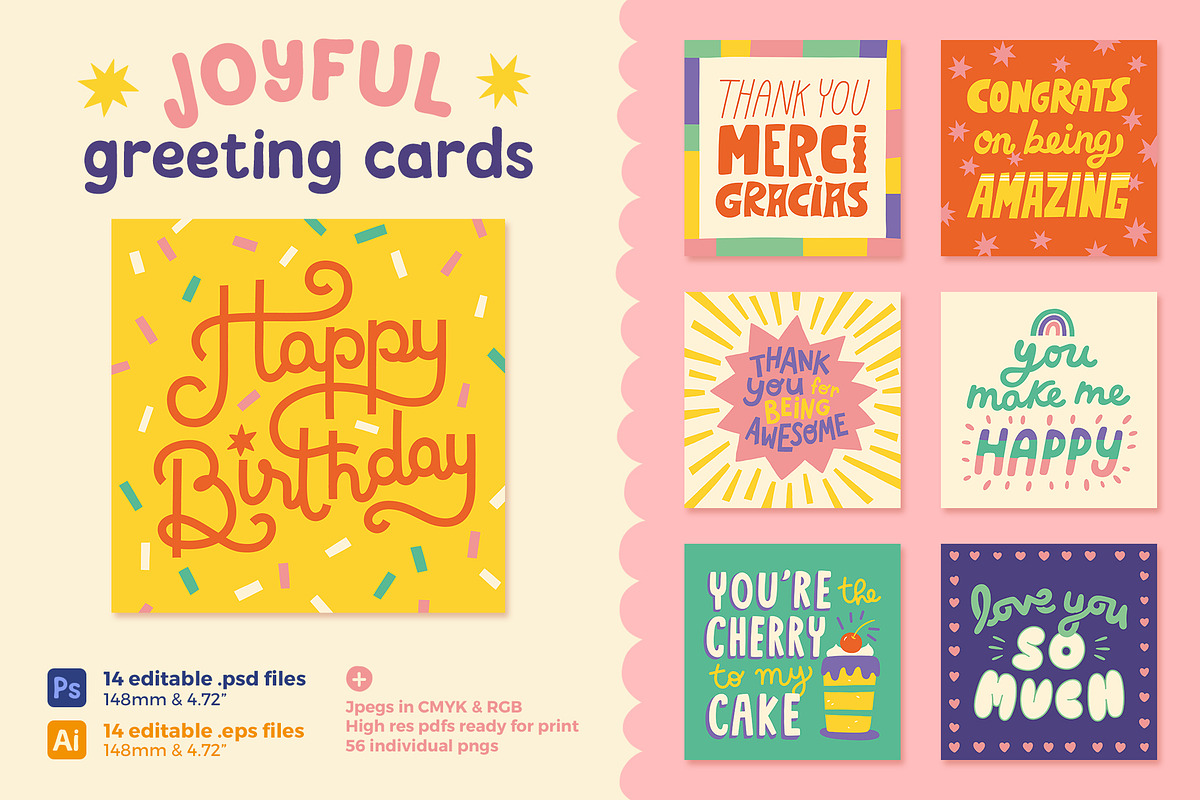 Joyful Greeting Cards - Vector & PSD, a Card Template by Carole Chevalier