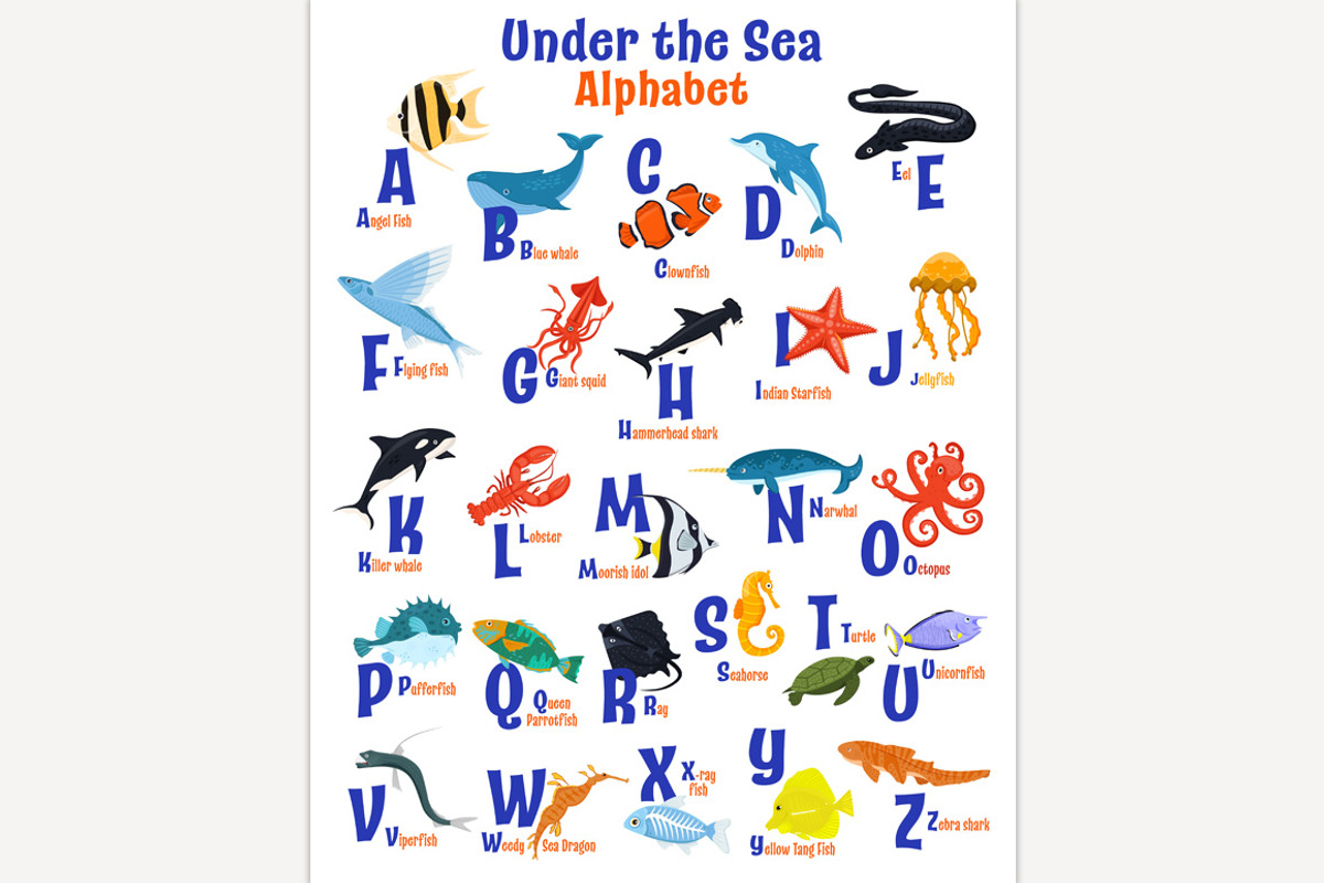 Sea animals alphabet poster, an Animal Illustration by Anna's Shop