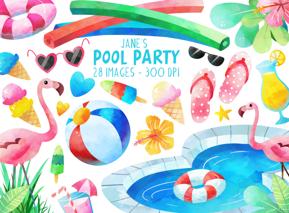 Watercolor Pool Party Clipart, an Illustration by DigitalArtsi ...