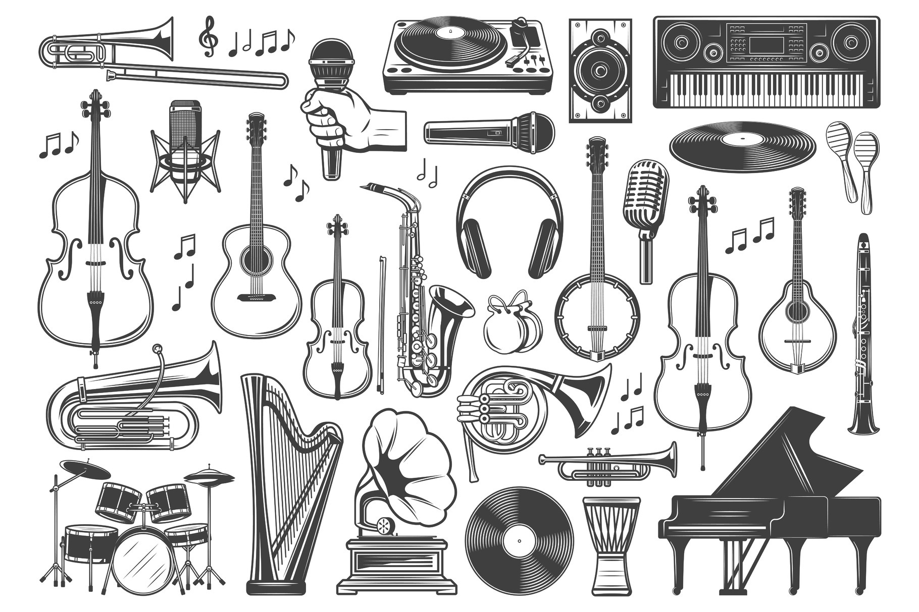 Musical instruments, sound equipment, an Illustration by Vector Tradition