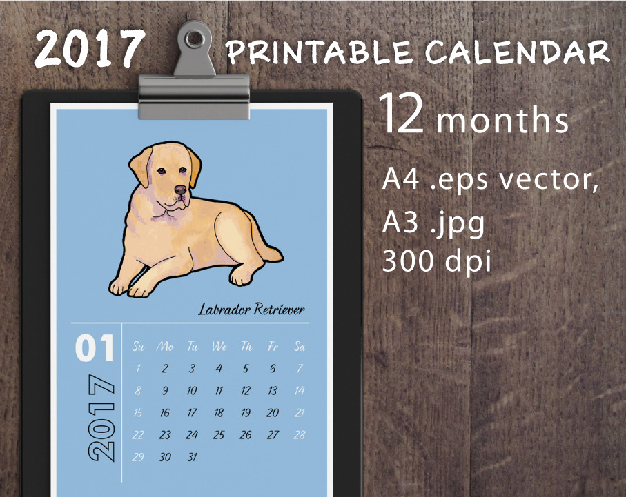 Printable calendar with dogs 2017, an Animal Illustration by Viraiv Market