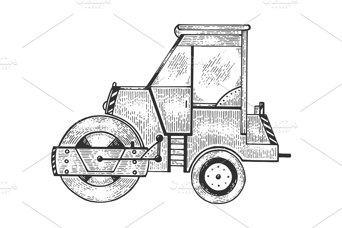 Road roller tractor machine sketch, an Object Illustration by AlexArt