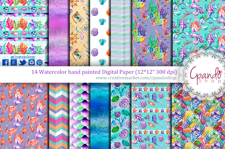 Watercolor mermaid digital paper, a Pattern Graphic by CpandoShop