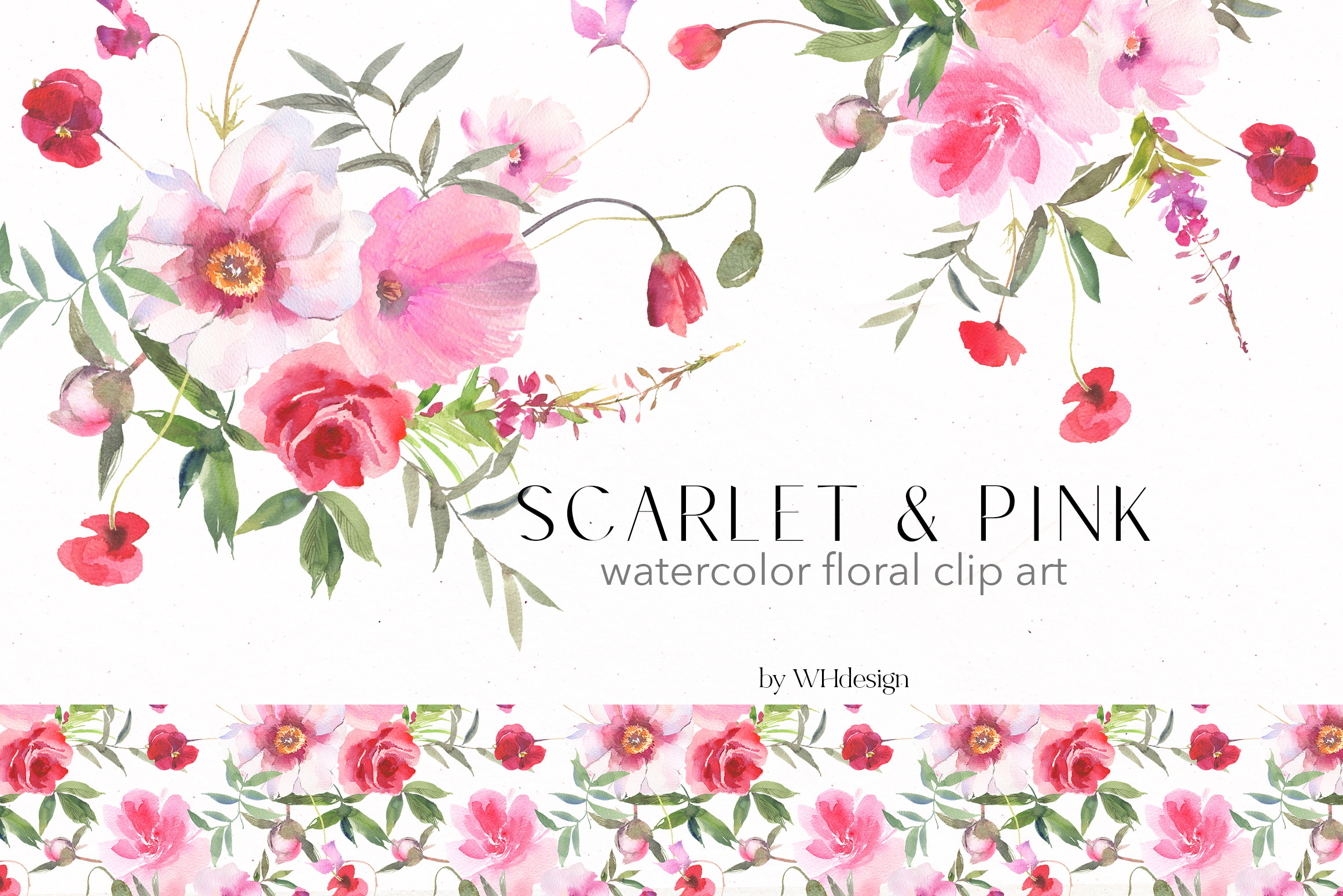 Red & Pink Watercolor Floral Clip Art.