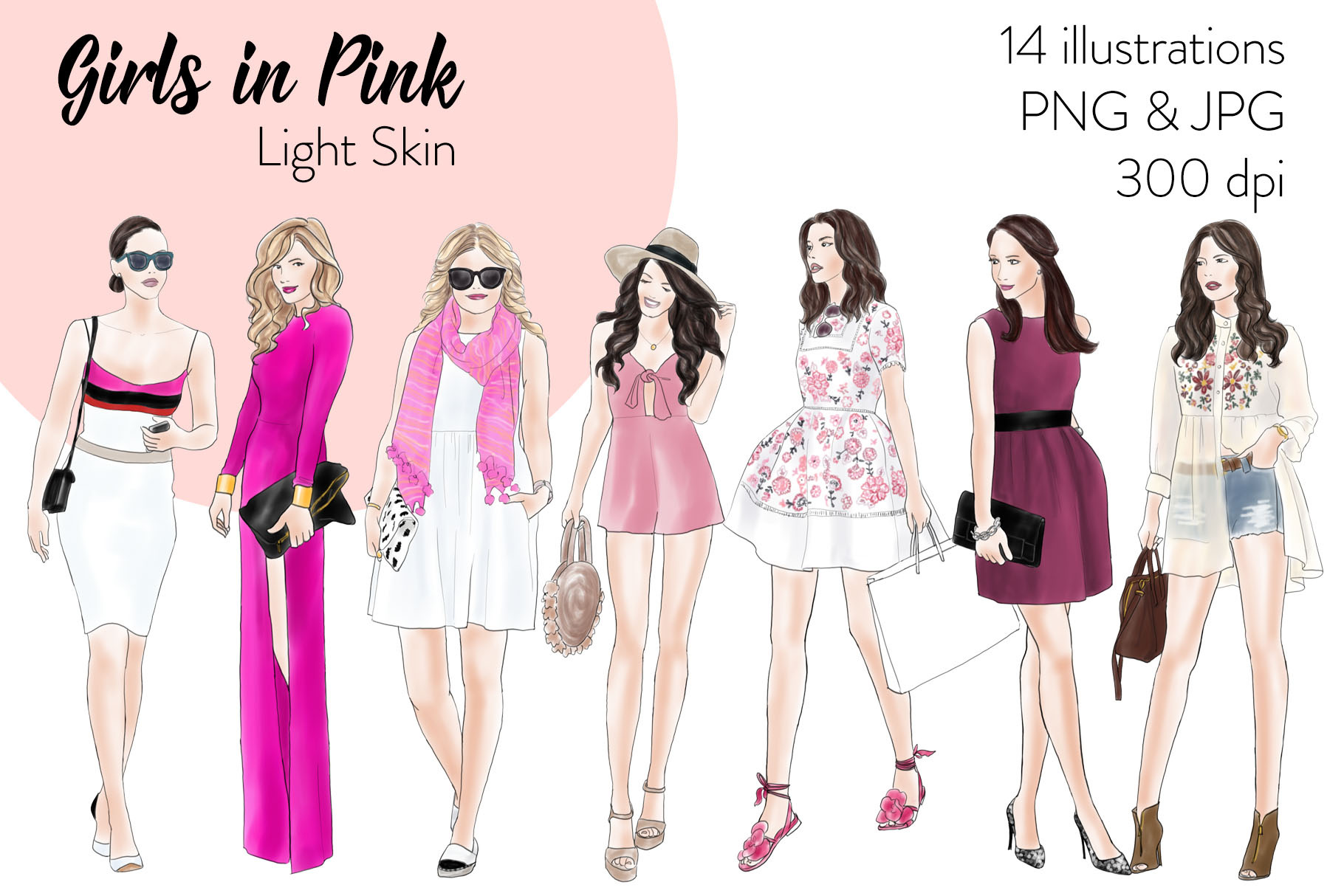 Girls in Pink - Light Skin, an Illustration by Parinaz Wadia Design