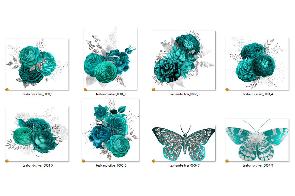Teal and Silver Floral Clipart, an Illustration by Digital Curio