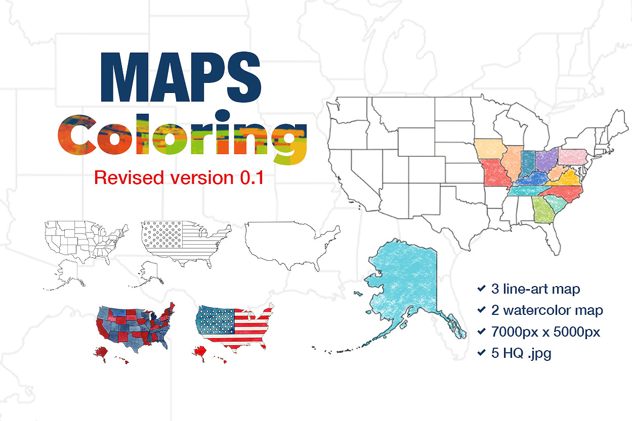USA map coloring + 2 watercolor map | Creative Market