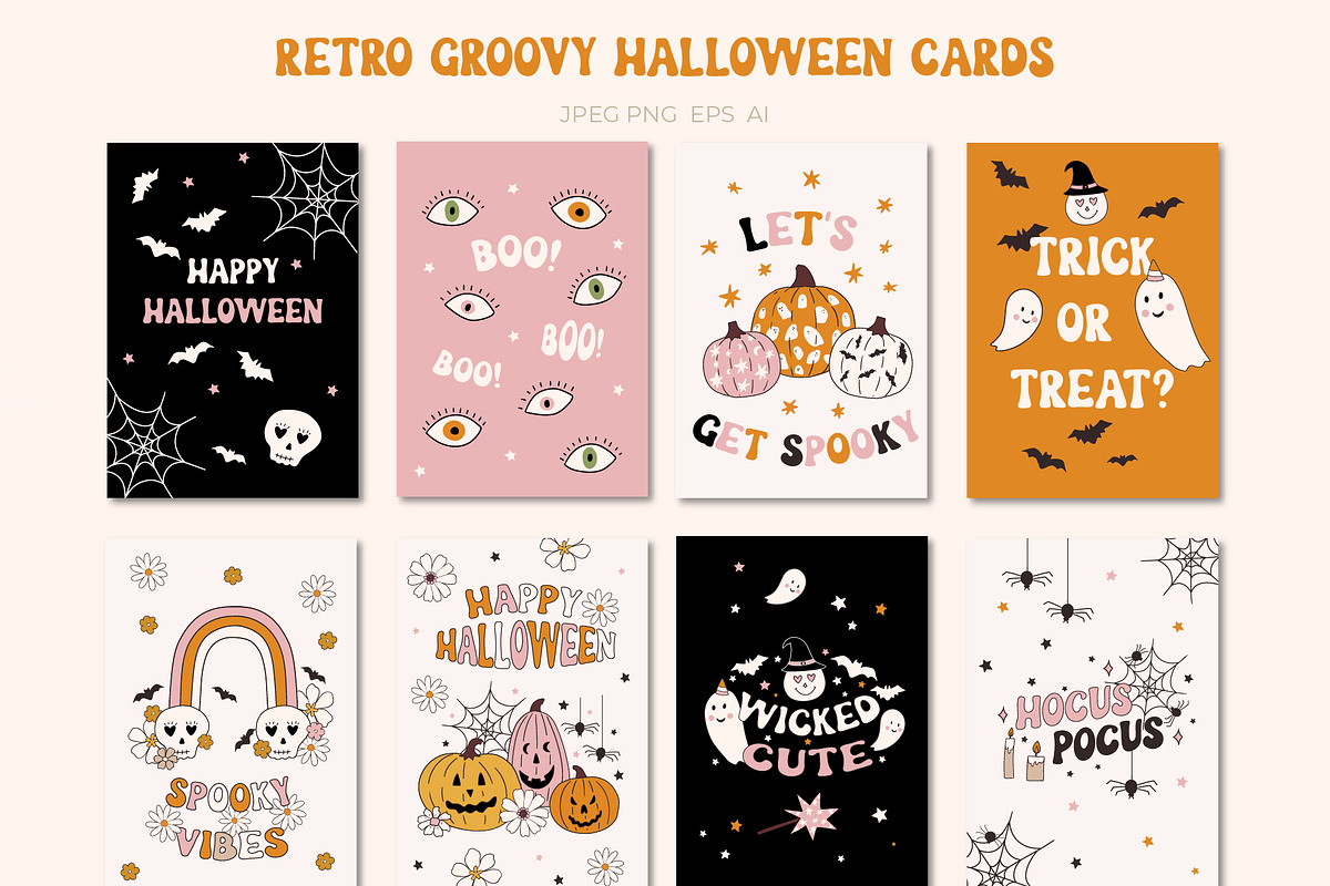 Retro Groovy Autumn Halloween, an Illustration by Cozy pattern shop