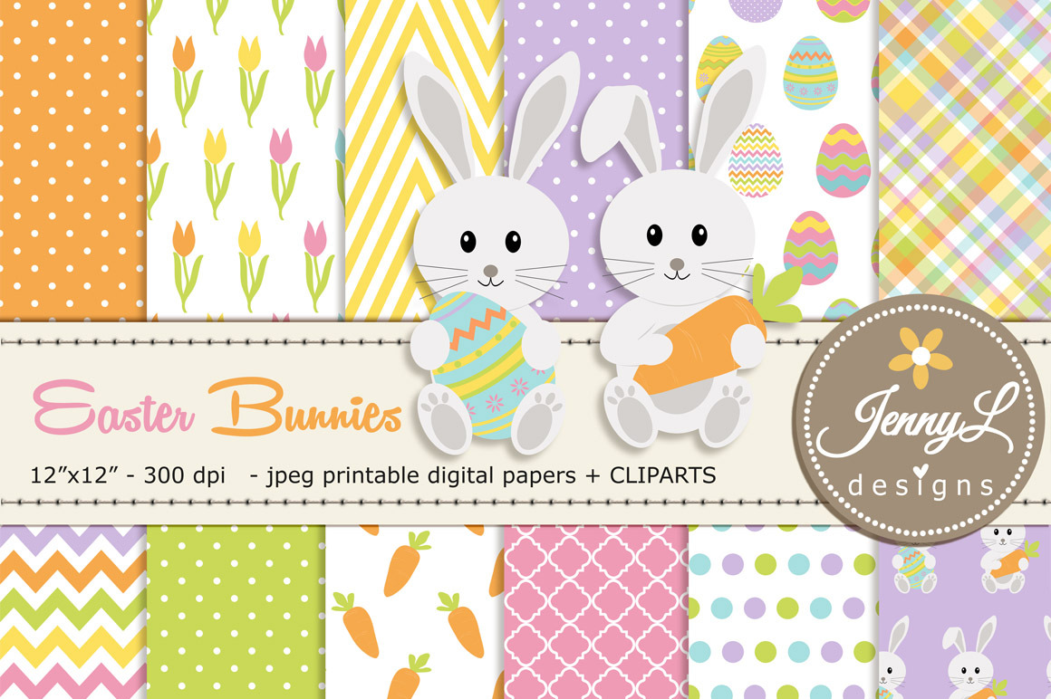 Easter Bunny Rabbit Digital Papers, a Pattern Graphic by JennyL Designs