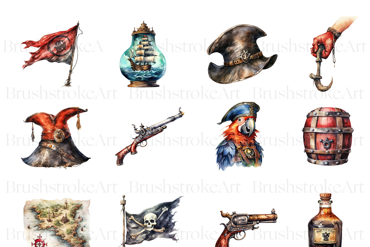 Watercolor Pirates Clipart, Ship, Map