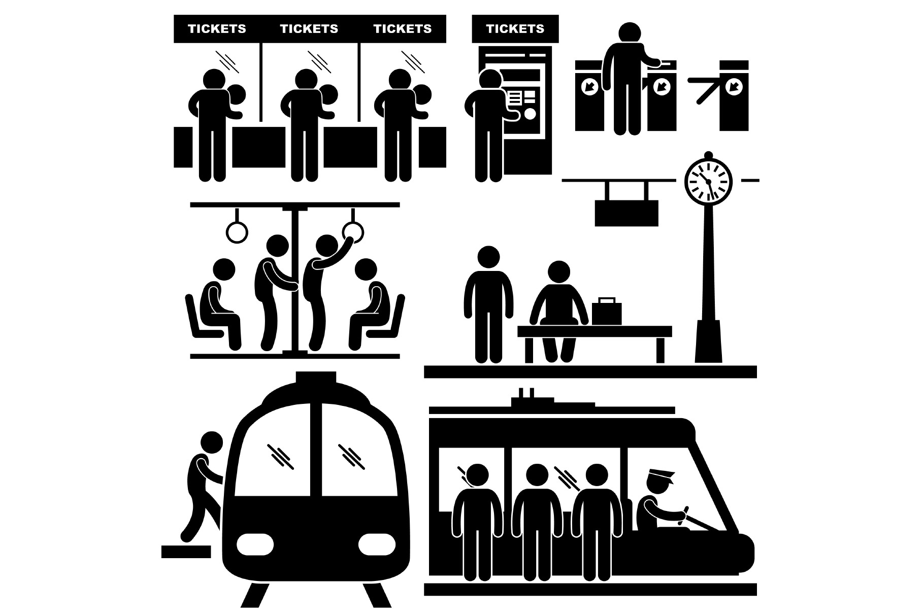 Train Commuter Station Subway Icons, an Icon by Leremy Stick Figures