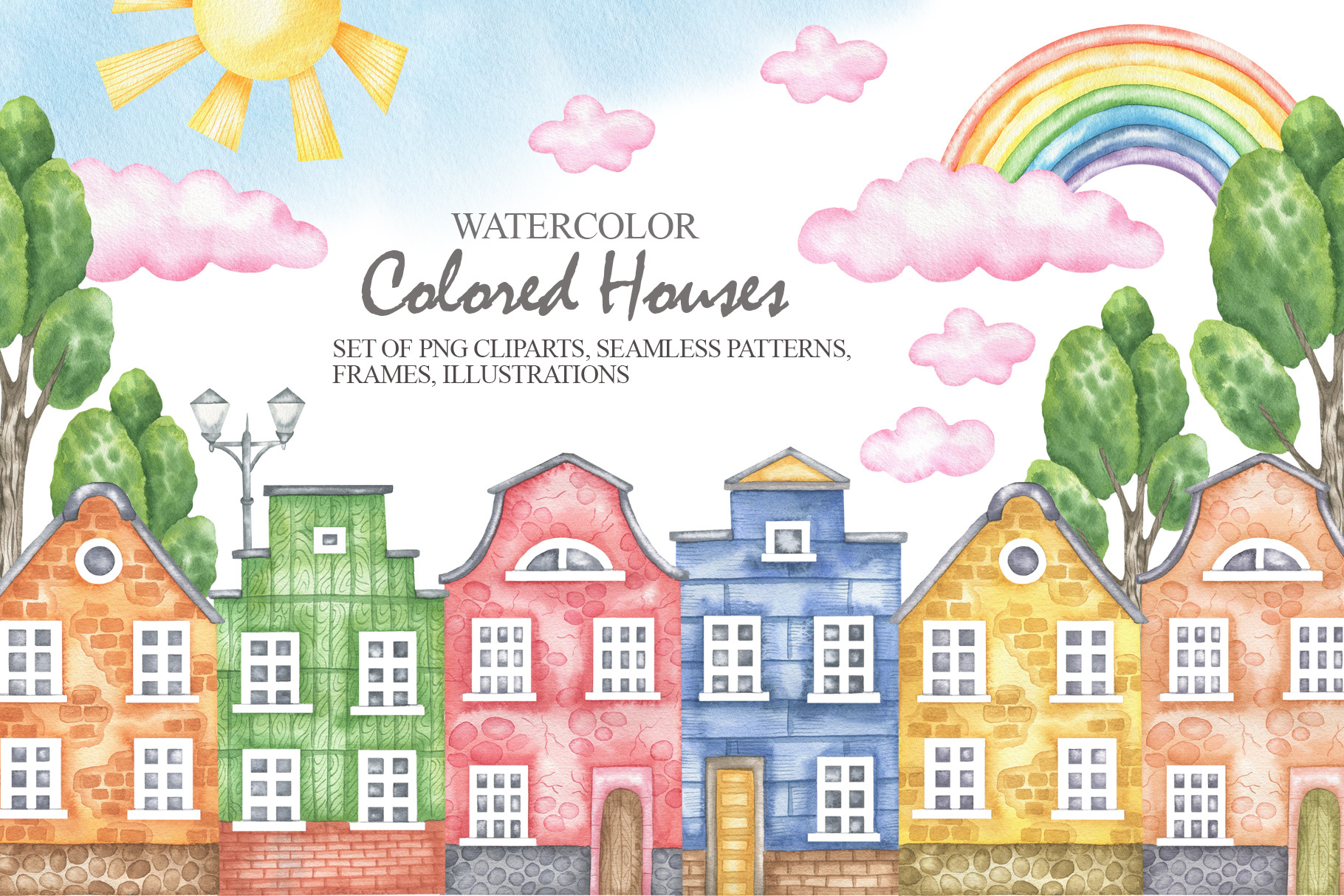 Watercolor Houses Clipart, an Illustration by OlDm_Shop