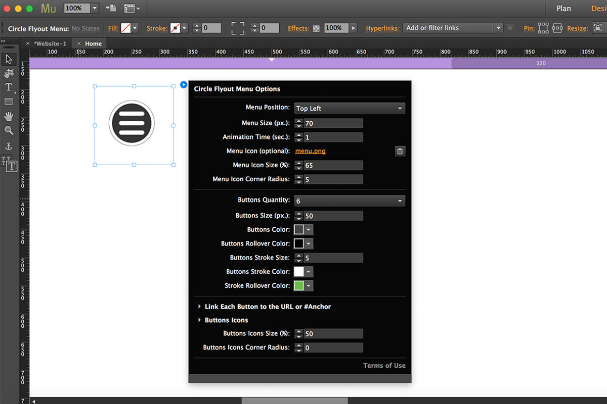 Circle Flyout Menu Adobe Muse Widget, a Plug-in Add-On by MuseTemplatesPro
