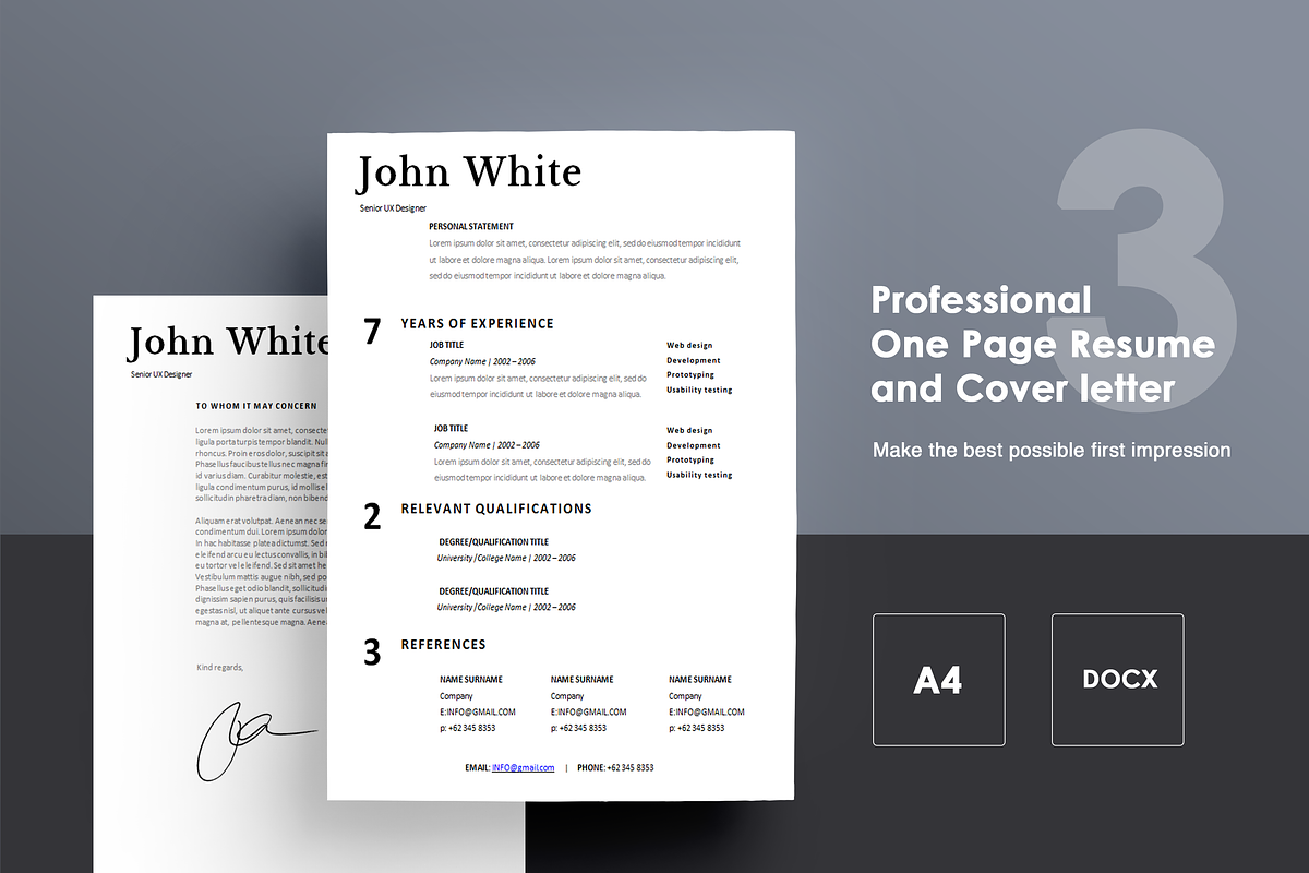 One page Resume CV + cover letter 3, a Resume Template by UX Design ...