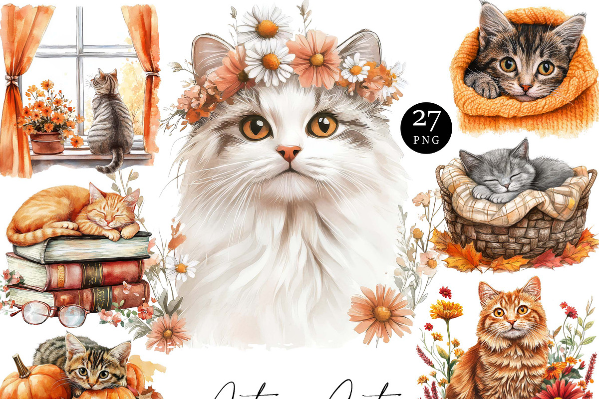 Watercolor Autumn Cat Clipart Bundle, an Animal Illustration by Design ...