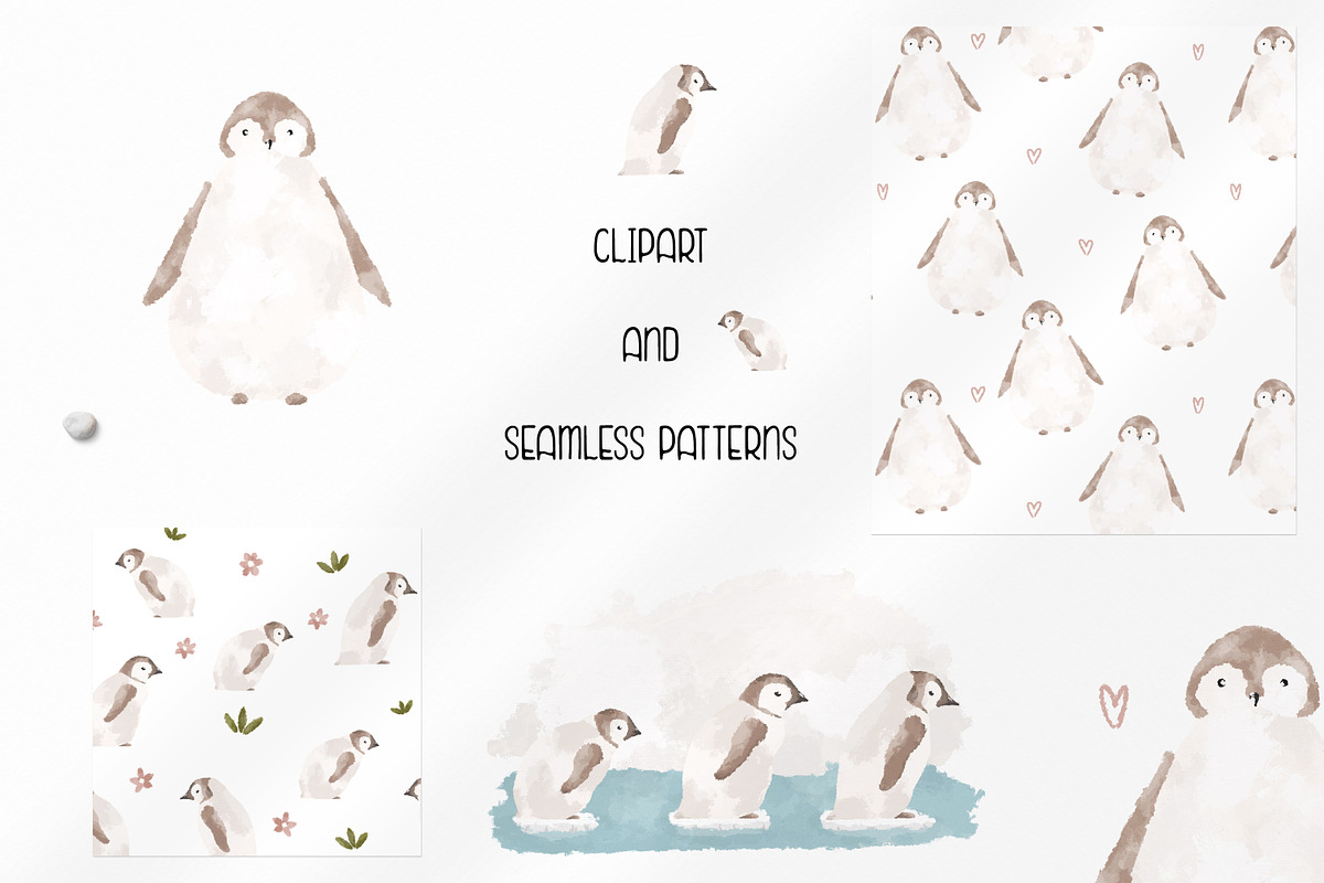 Cute penguins clipart and 3 patterns, an Animal Illustration by Leksart