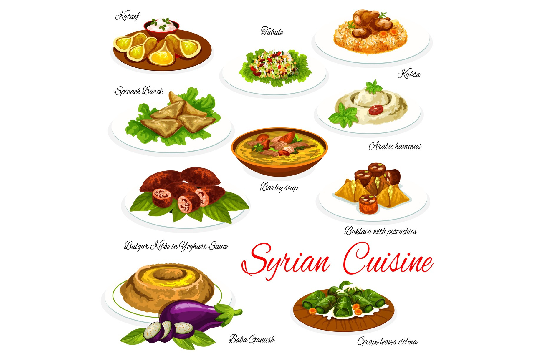 Syrian food of vegetable, meat meals, a Food Illustration by Vector ...