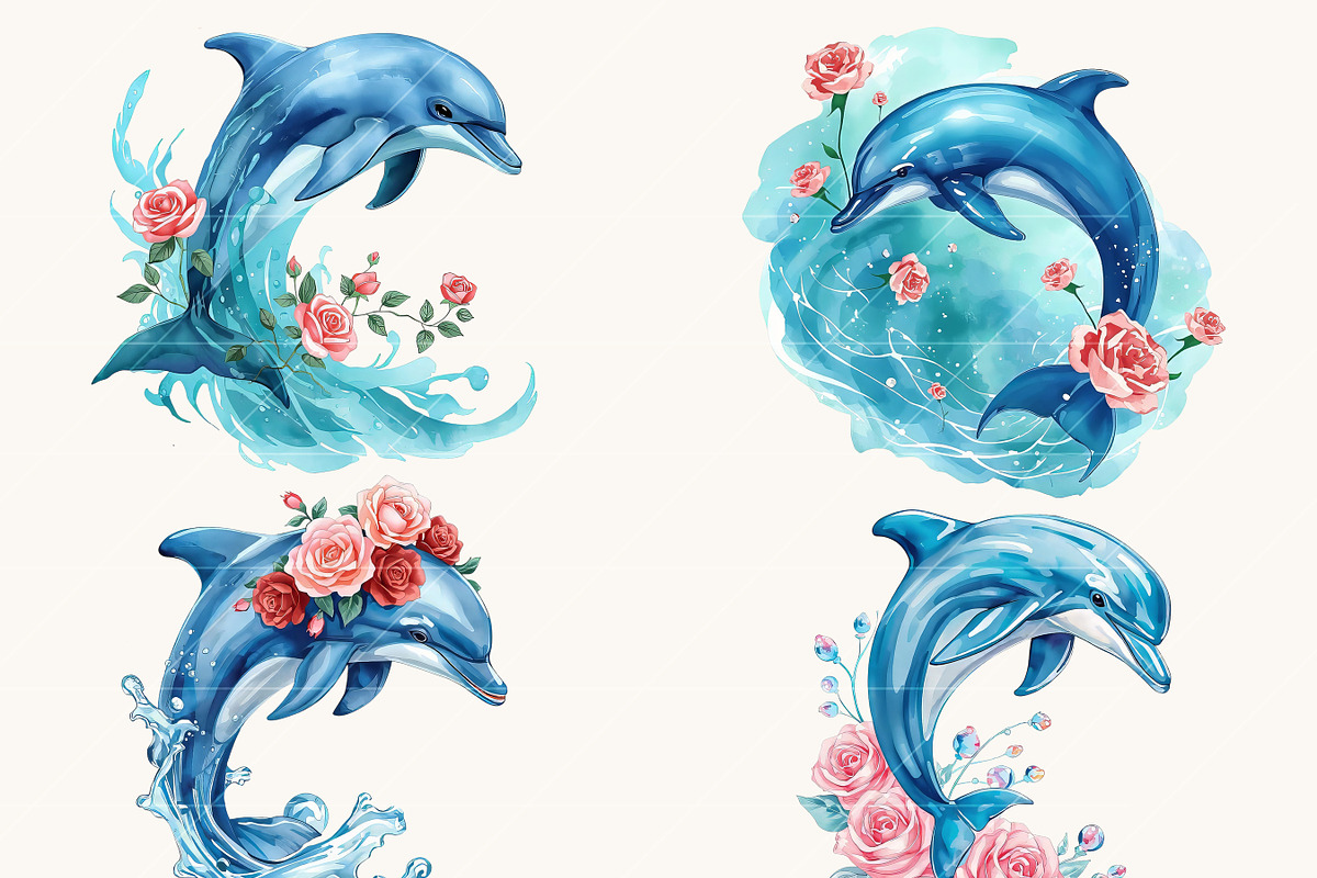 Watercolor Dolphin Clipart Bundle, an Animal Illustration by Design Scotch