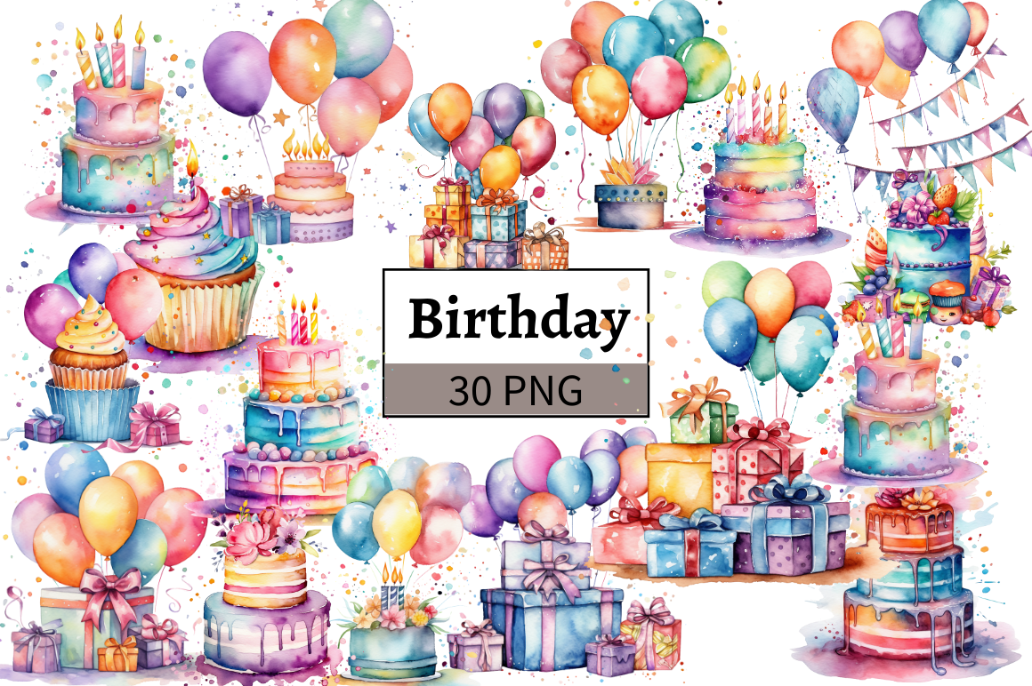 Watercolor Birthday Clipart Bundle, an Illustration by Mash Mash Stickers