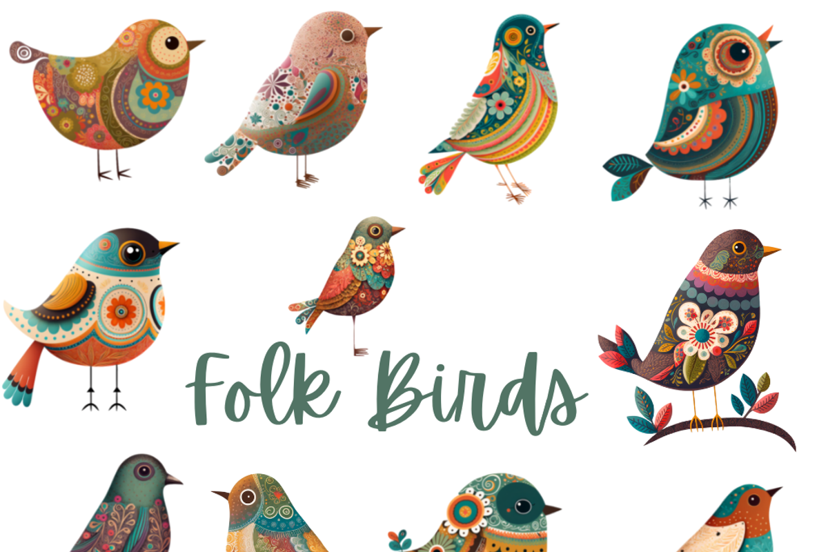 Folk Birds Clipart: Watercolor