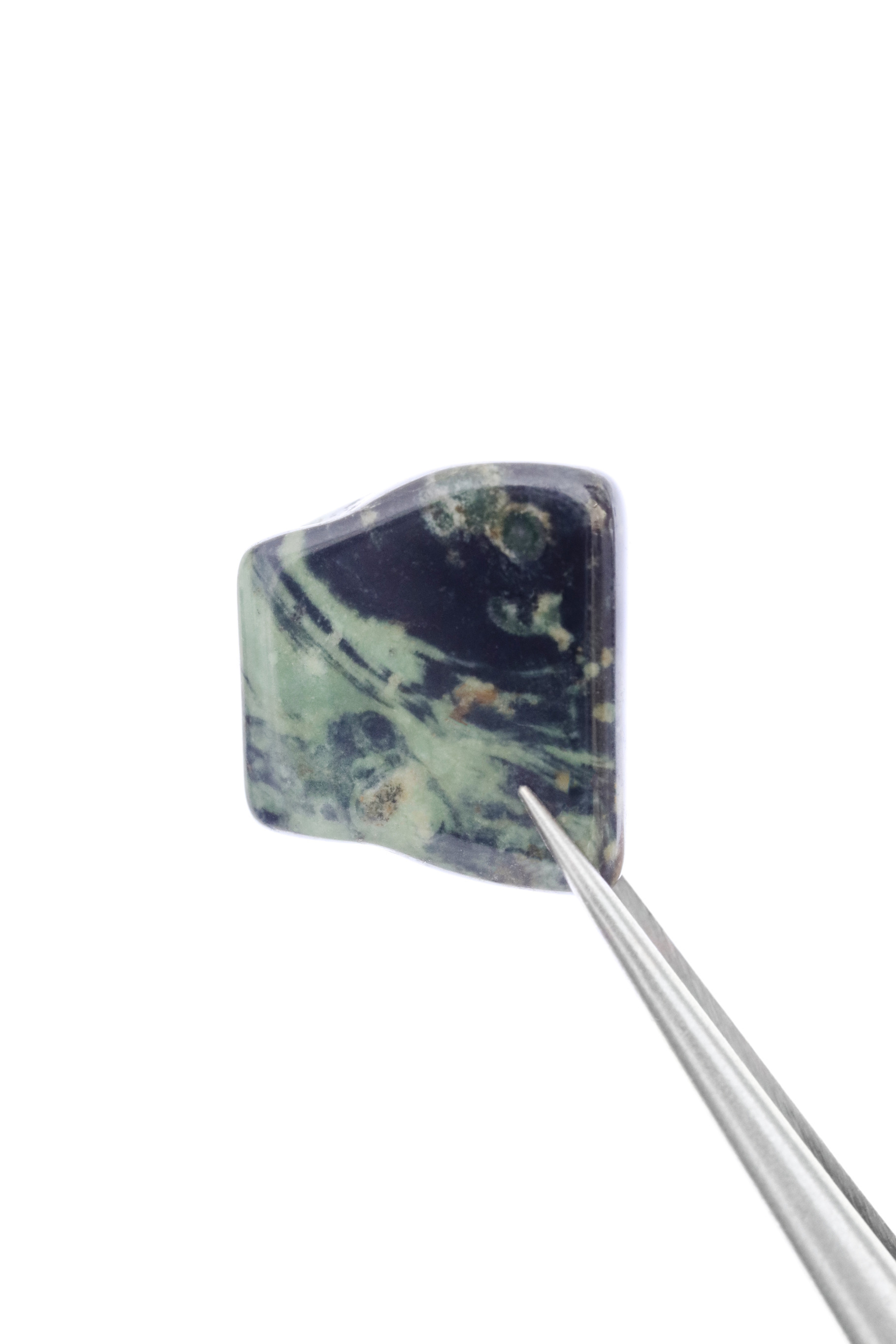 Kambaba jasper jewel stone texture in tweezers on white light isolated ...