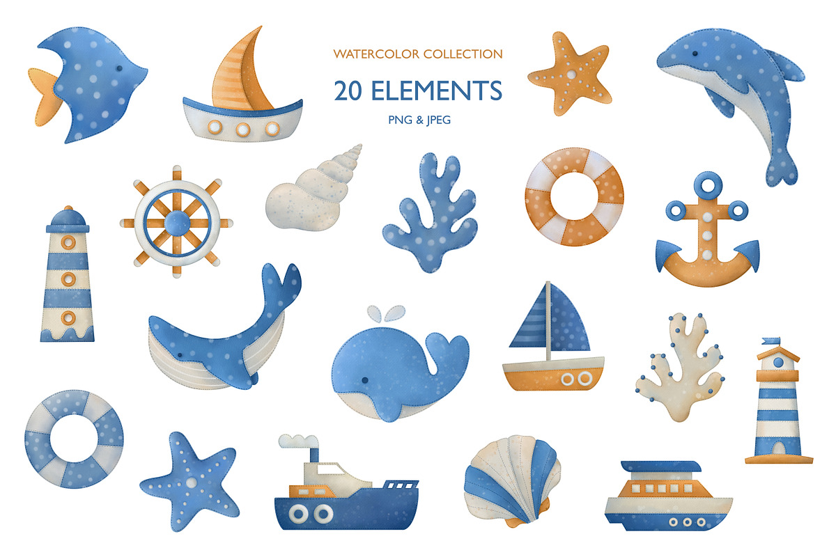 Nautical watercolor clipart set