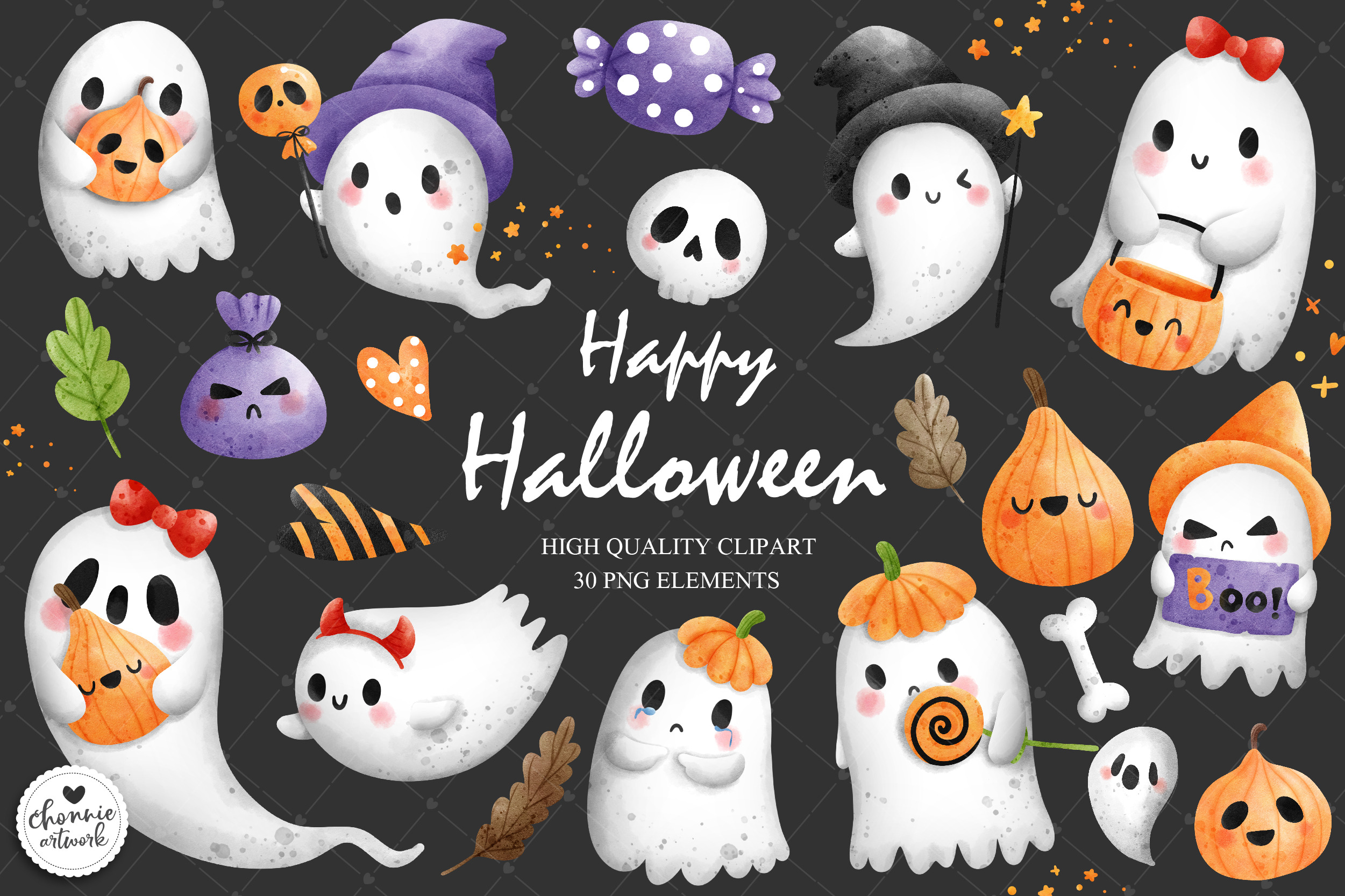 cute ghost clipart, an Illustration by Chonnieartwork