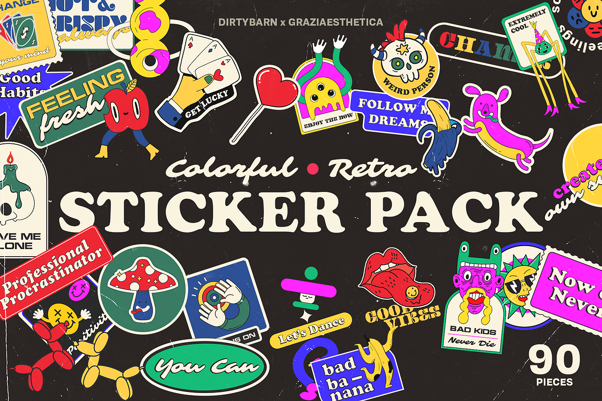 Colorful and Retro Sticker Pack, a Graphic by Dirtybarn | Creative Market