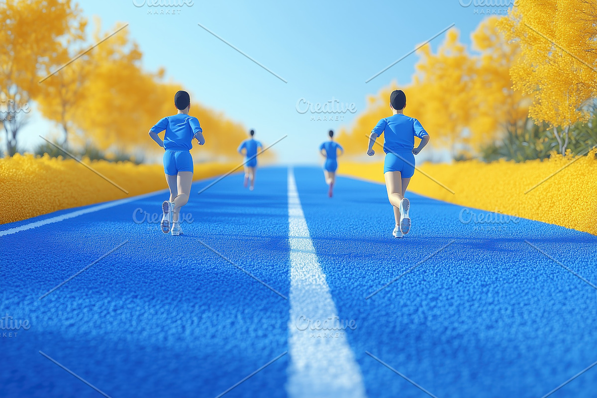 A vibrant scene depicting four runners in blue athletic wear jogging ...