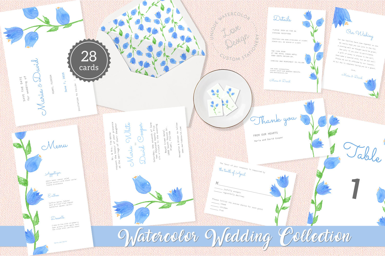 Bellflower Watercolor Wedding Suite, a Stationery Template by Love Design
