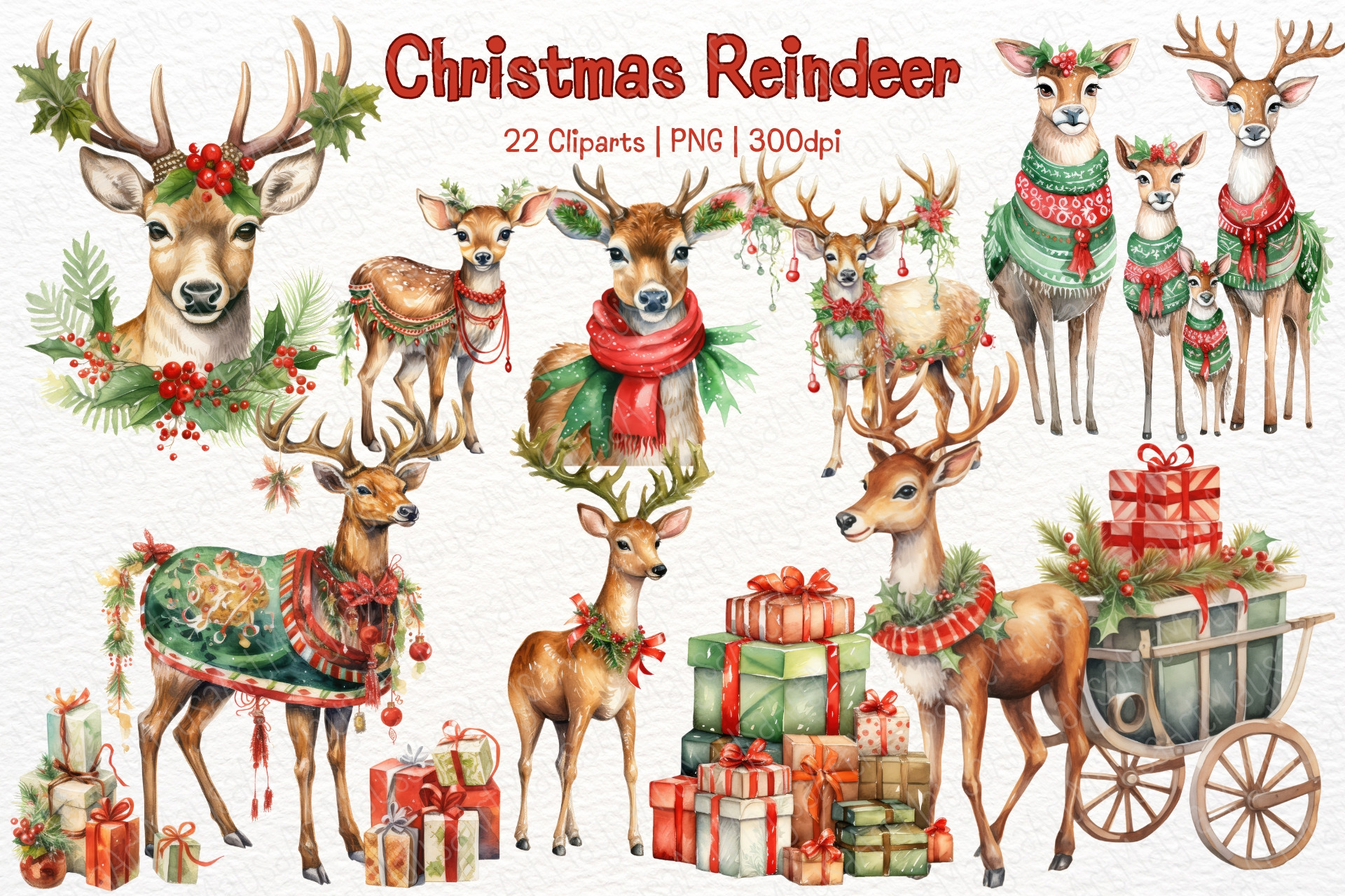 Christmas Reindeer Watercolor Set, a Seasonal Illustration by Maysa Art