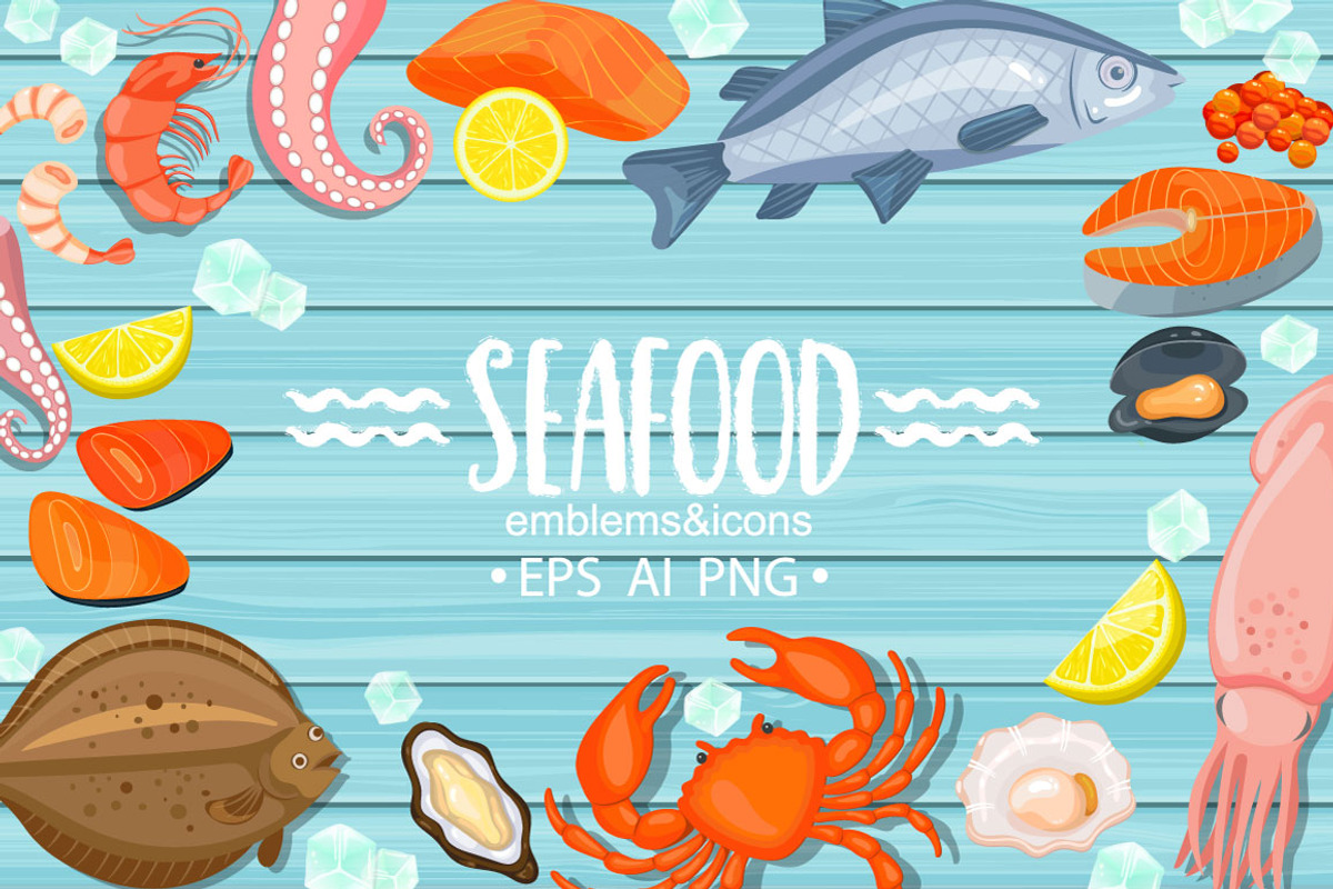 Seafood emblems and icons., a Food Illustration by tanda_V