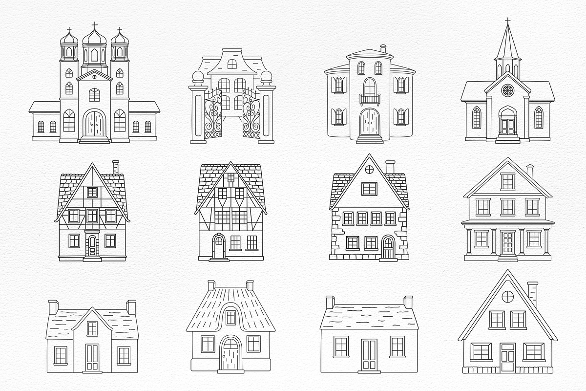 Houses line illustration set, an Object Illustration by NatalieArtShop