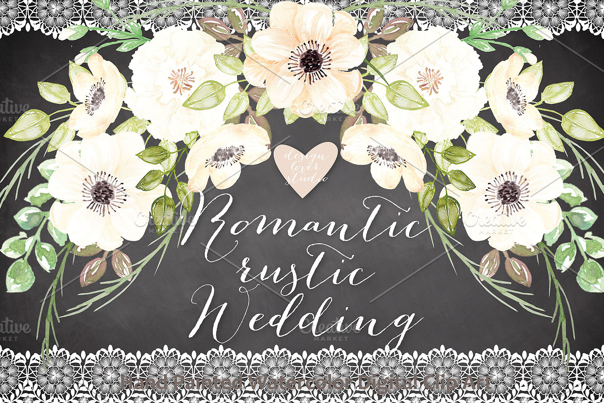 Watercolor Romantic rustic clipart, an Illustration by designloverstudio