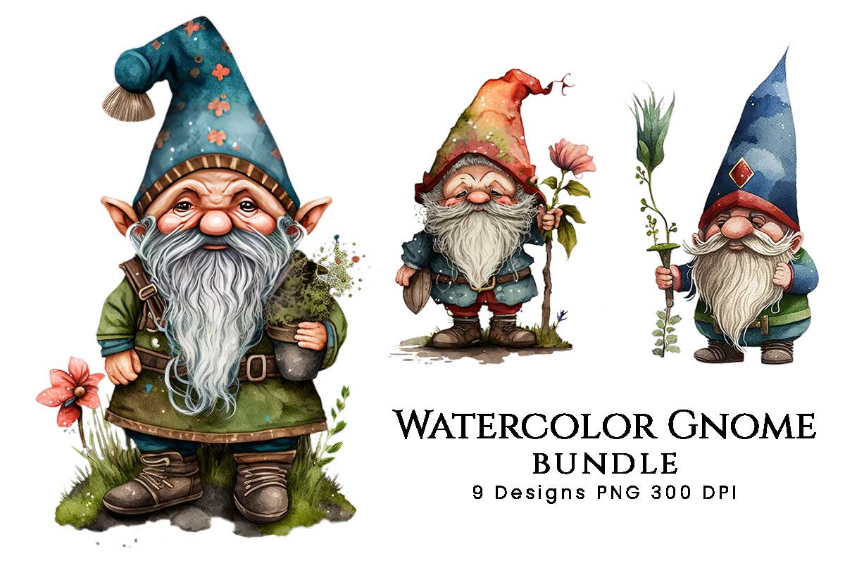 Watercolor Gnome Clipart Bundle, an Object Illustration by Design Scotch