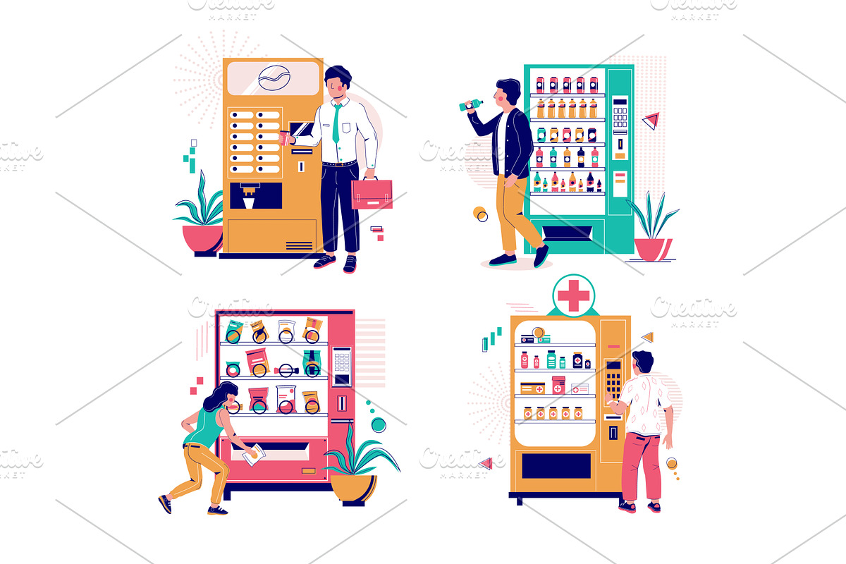 Vending machine set with characters, an Illustration by Siberian Art