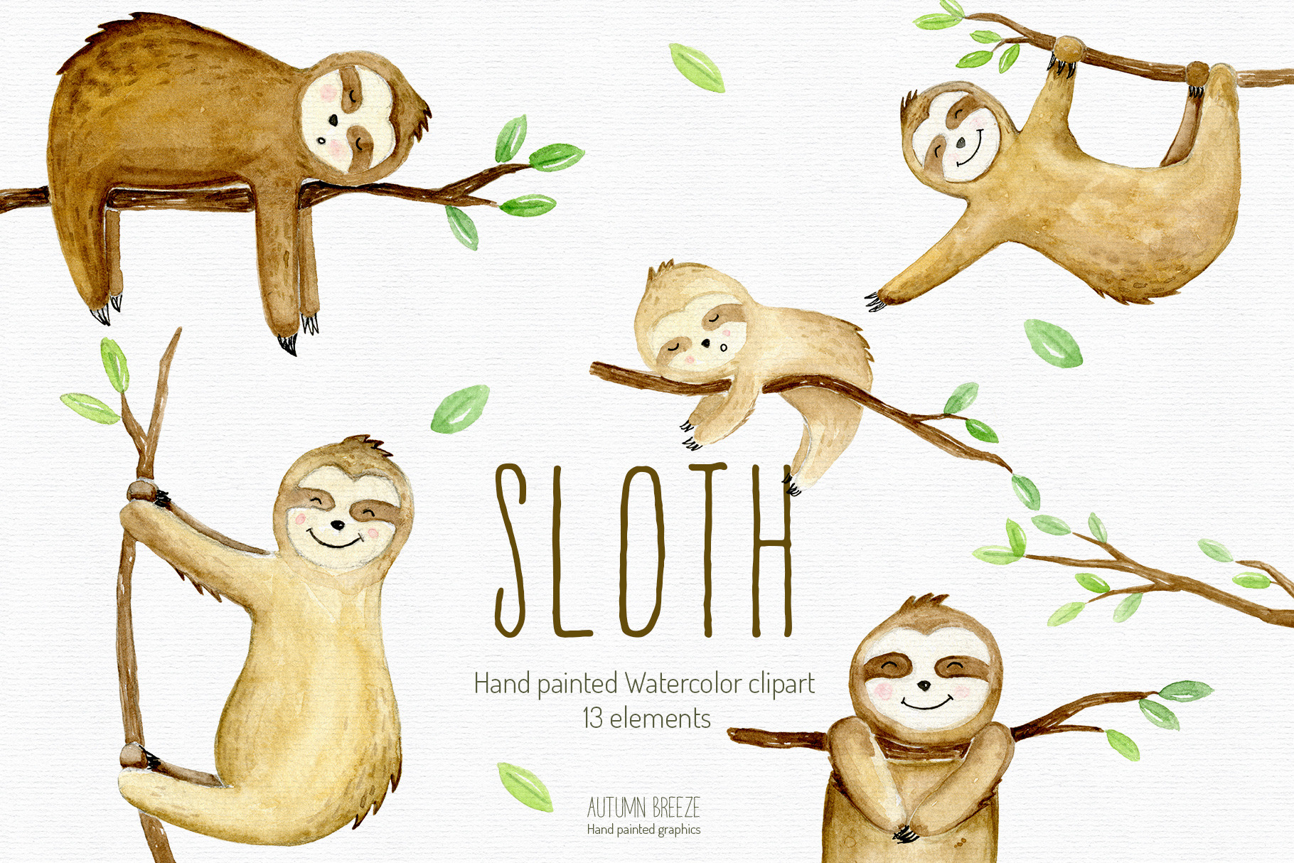 Watercolor sloth clipart, an Animal Illustration by Autumn Breeze