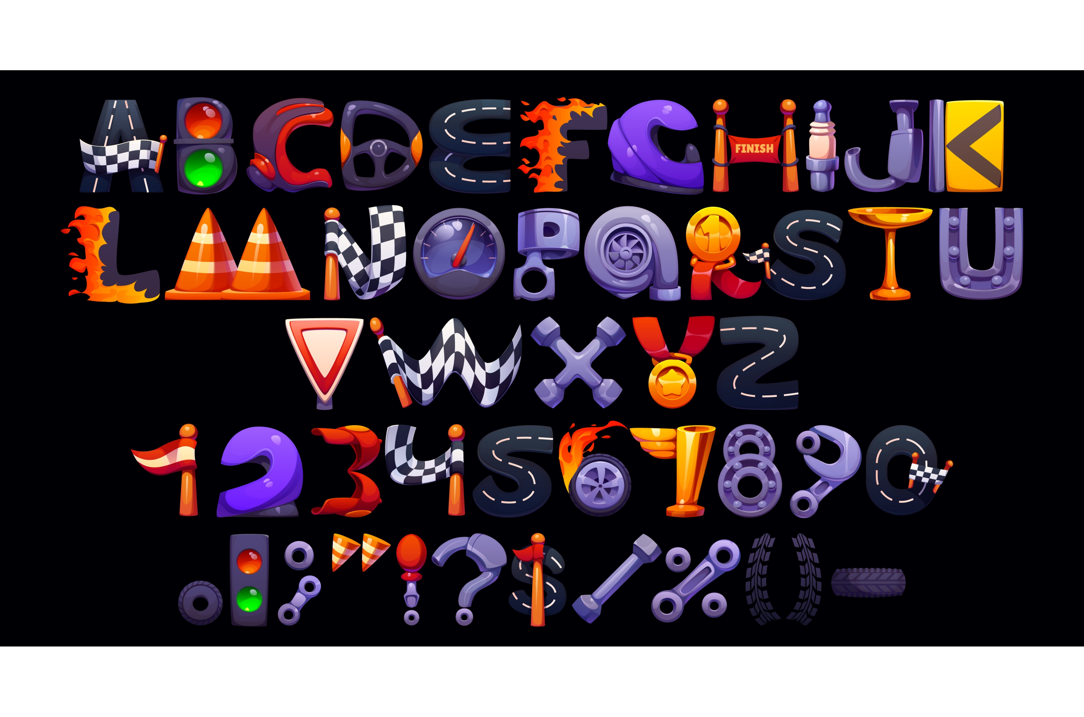 Cartoon racing font alphabet, a Sport Illustration by Vector Tradition