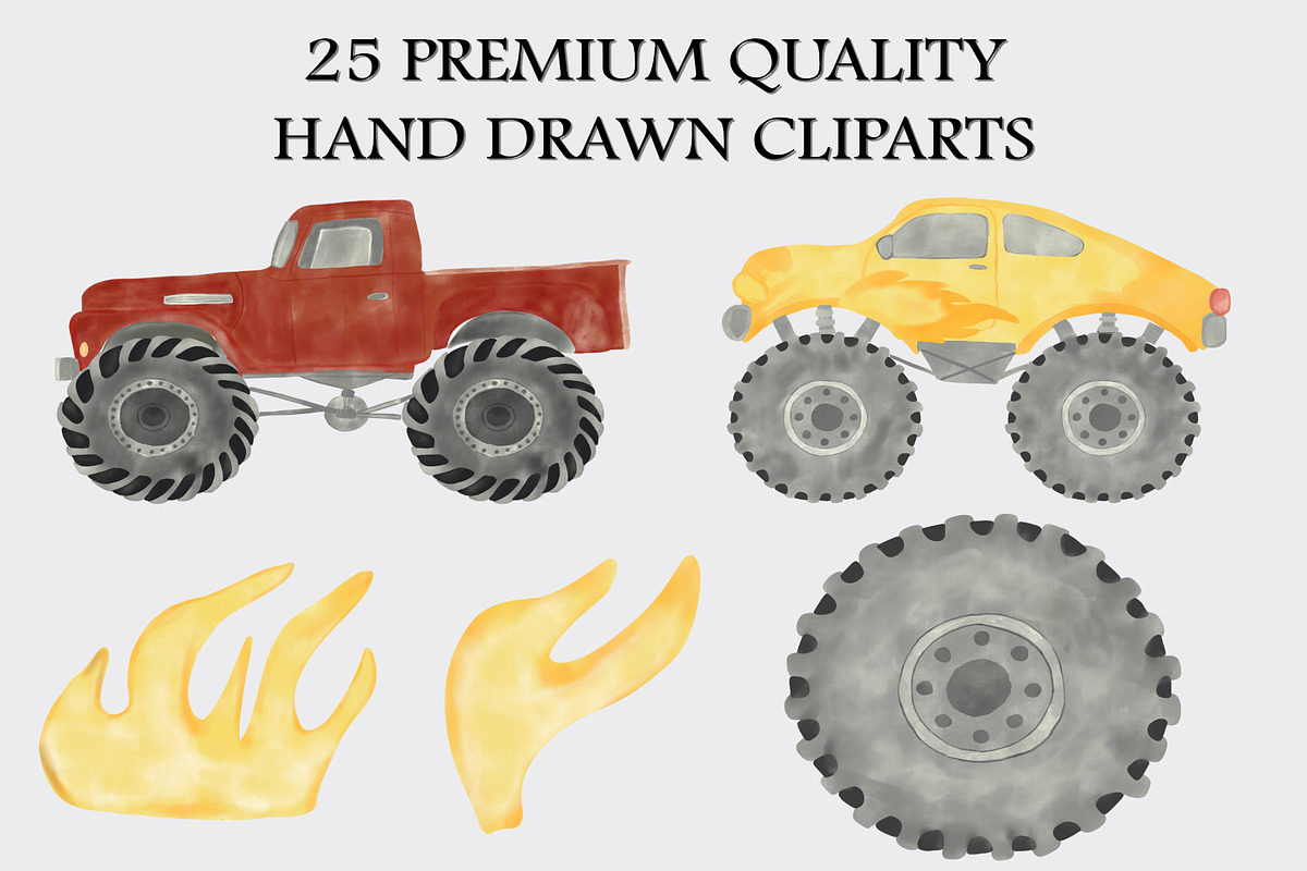 Watercolor Monster Truck Clipart Set
