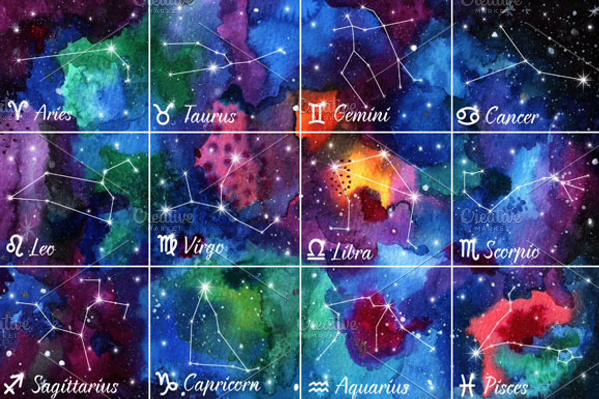 12 Zodiac signs on watercolor, a Texture Graphic by Sunshine Art Shop
