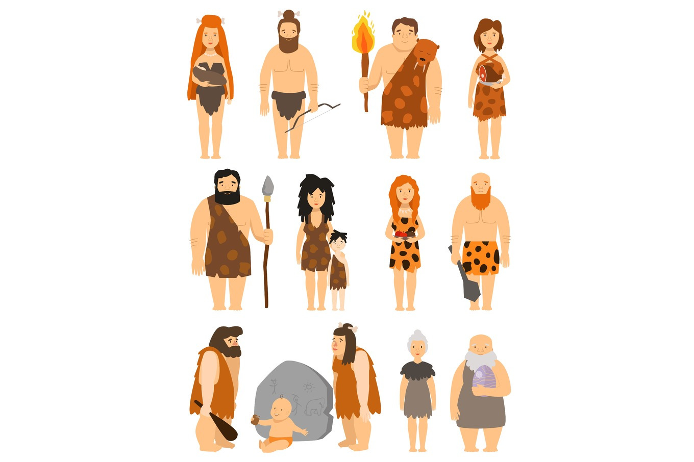 Cartoon primitive people character set vector protoman neanderthal ...