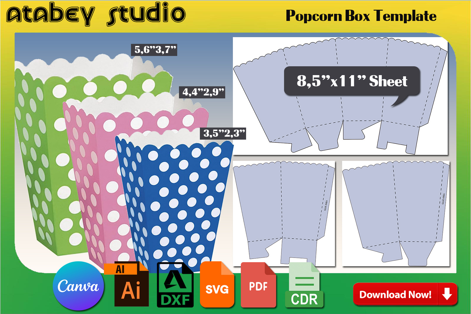 3size Popcorn Snack Box Template Set, a Graphic by AtacanDigital