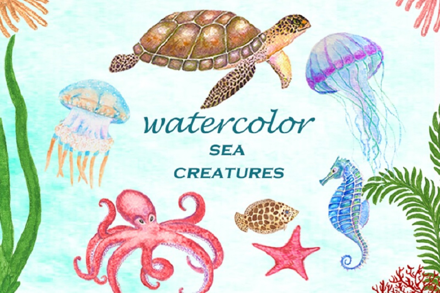 Set of watercolor sea creatures.