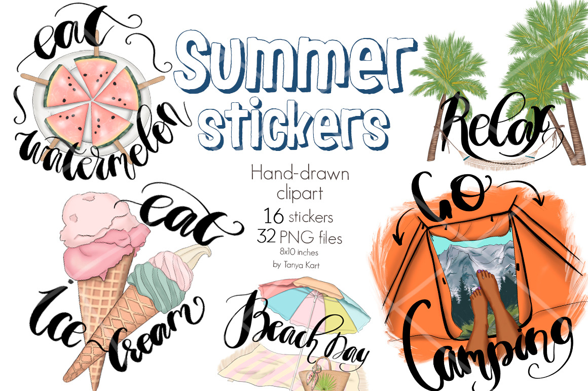 Summer Stickers Clipart Icons Kit, an Icon by Tanya Kart