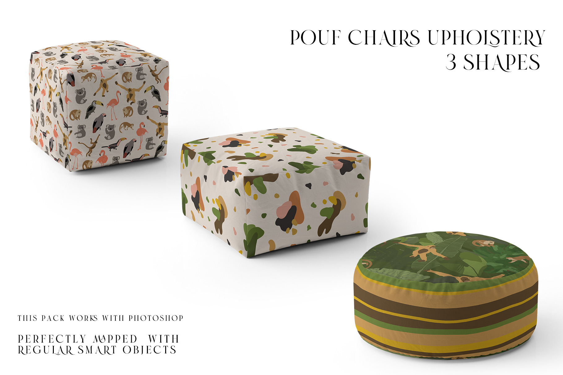 3 Types of Pouf Upholstery Mockups, a Household Mockup by mock-ups