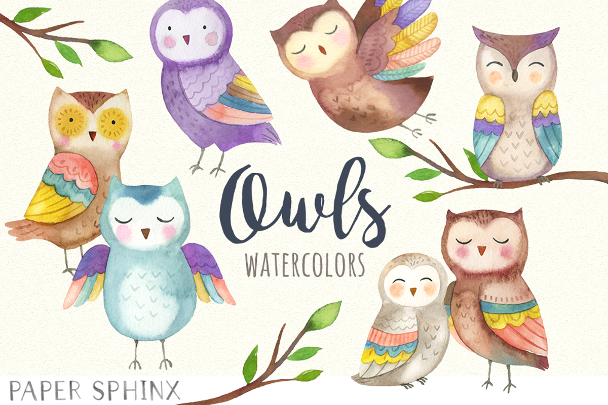 Watercolor Owls Clipart Pack, an Illustration by PaperSphinx